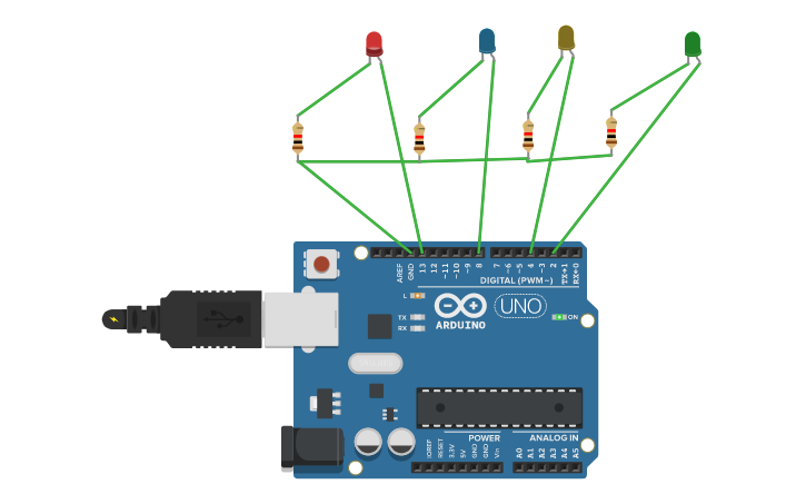 Circuit design 4 leds | Tinkercad