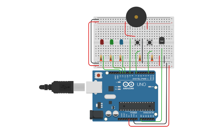 Circuit design Temperature alert system - Tinkercad