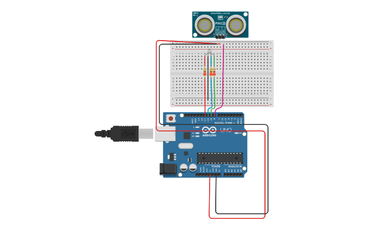Circuit design Ultrasonic Sensor and RGB LED - Tinkercad