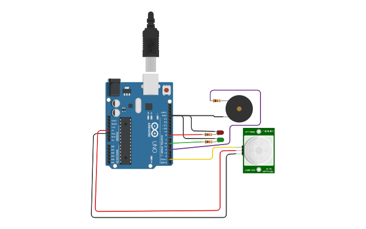 Circuit design motion senser + led+sound - Tinkercad