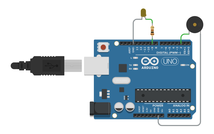 Circuit design Arduino Example: LED + Buzzer - Tinkercad