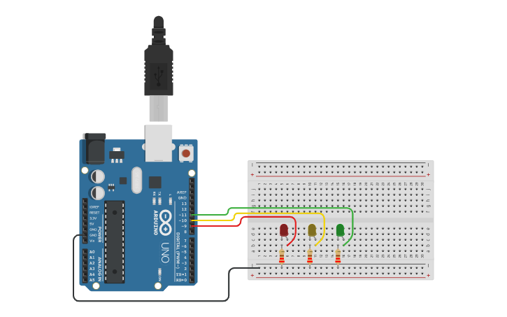 Circuit design LED Traffic Light [procedural code] | Tinkercad