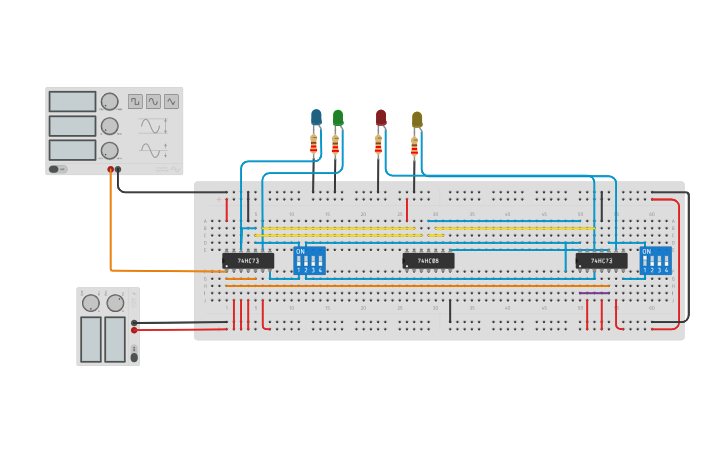 Circuit design 4-bit synchronous counter (T-flip flop) - Tinkercad