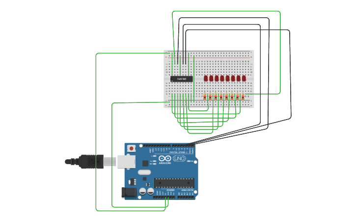 Circuit design 74HC595 - Tinkercad