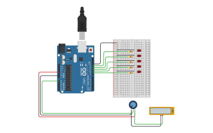 Circuit design Desafio 4 - Controle de LEDs por potenciômetro | Tinkercad Circuit design Desafio 4 - Controle de LEDs por potenciômetro | Tinkercad