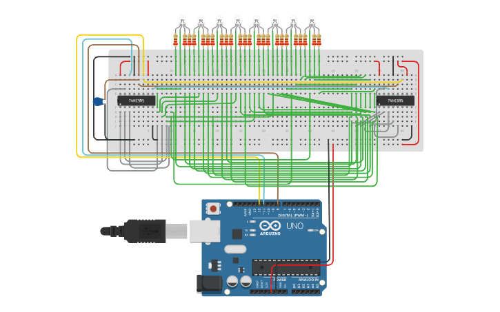 Circuit design 8 RGB LEDs via Shift Registers | Tinkercad