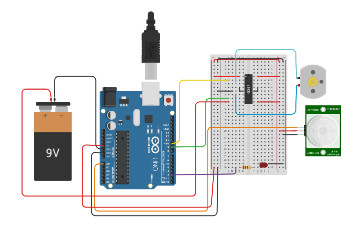 Circuit design giro con sensor pir | Tinkercad