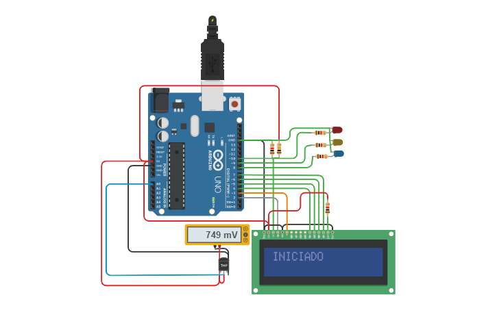 Circuit design PROJETO TERMÔMETRO TMP 36 | Tinkercad