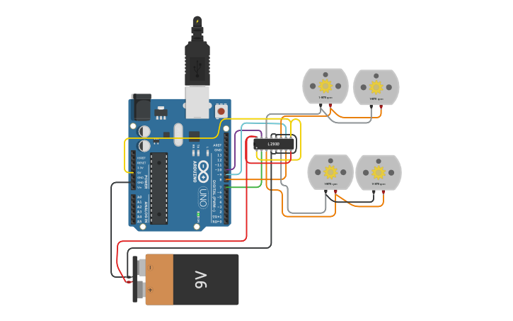 Circuit design 4wheels with motor driver | Tinkercad