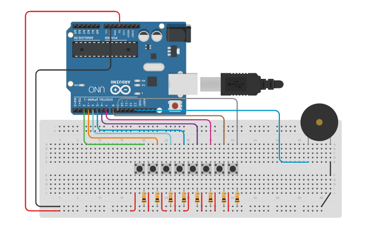 Circuit design Activity 2 - Arduino piano with buzzer and push buttons - Tinkercad