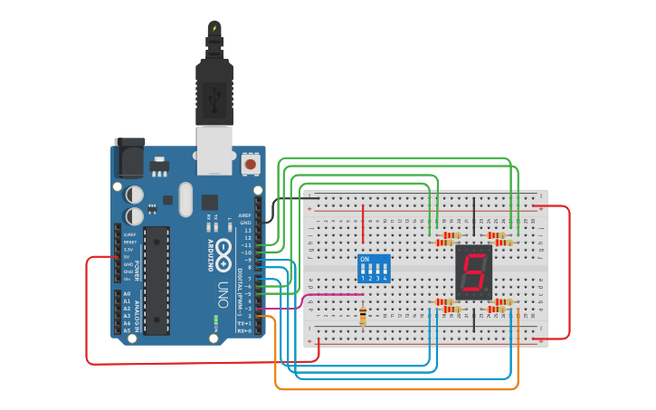 Circuit design Display de siete segmentos - Tinkercad