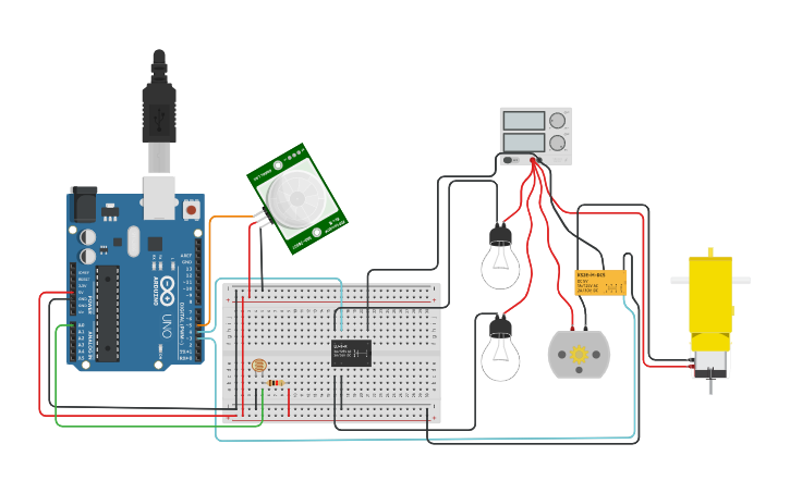 Circuit design 16 Lai Oi Ting---LAB 13-4 PIR+ Relay SPDT+ DPDT - Tinkercad