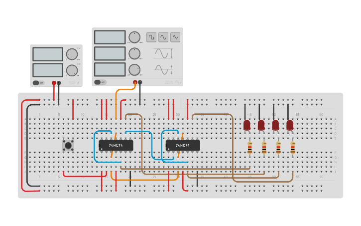 Circuit design SIPO Shift Register Using IC 7474 D-FF - Tinkercad