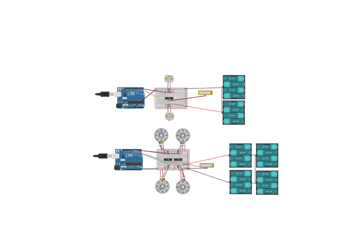 Circuit design 2motors with L293D and 4 motors with encoders - Tinkercad