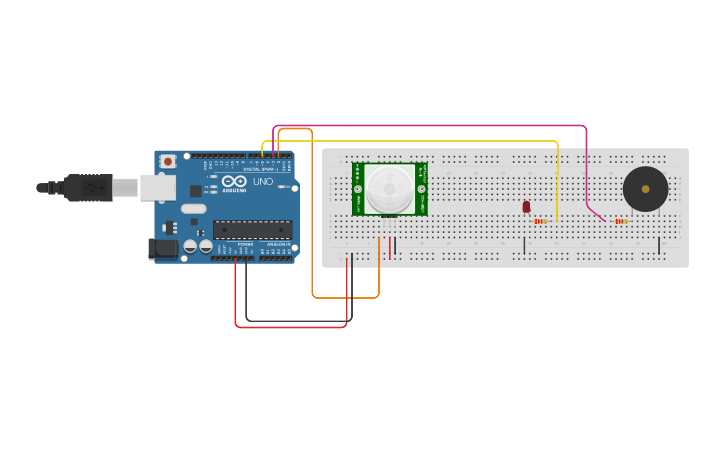 Circuit design PIR, BUZZER e LED | Tinkercad