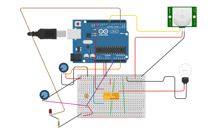 Circuit design Combinacion PIR y Fotoresistencia | Tinkercad