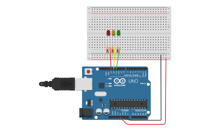 Circuit design LED traffic light blinking - Tinkercad