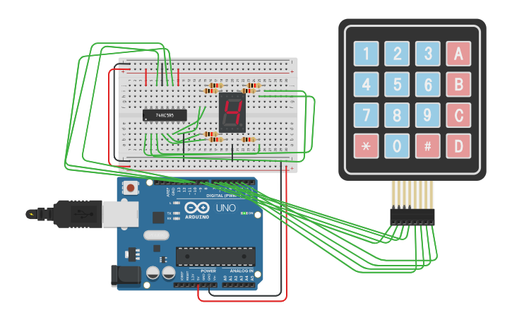 Circuit design Copy of 5-1 74HC595 | Tinkercad