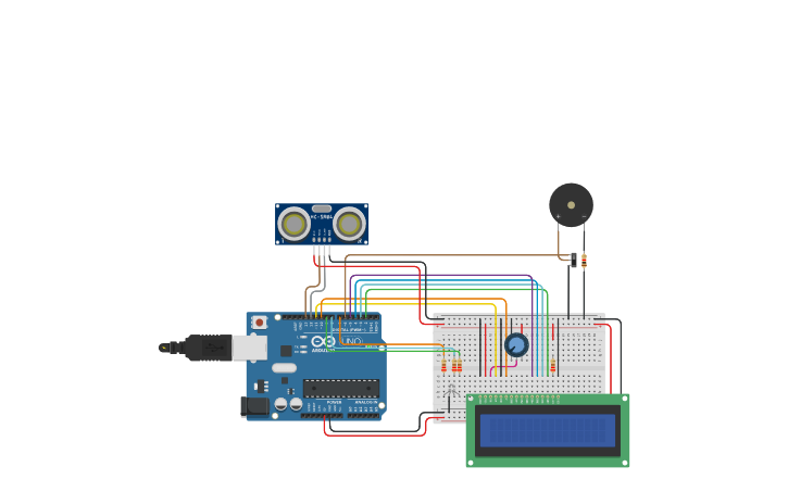 Circuit design fake geiger counter distance sensor | Tinkercad