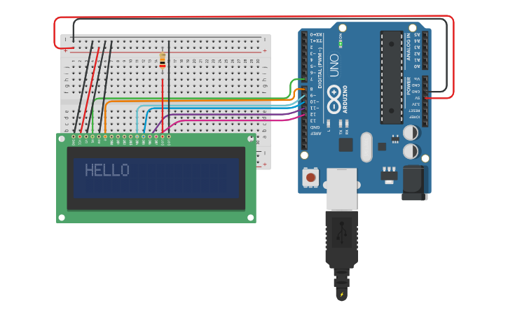 Circuit design LCD에 HELLO 출력 - Tinkercad