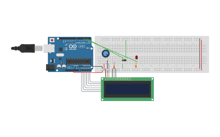 Circuit design LCD button and LED - Tinkercad