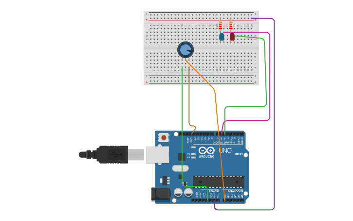 Circuit design potenciometro dos leds - Tinkercad
