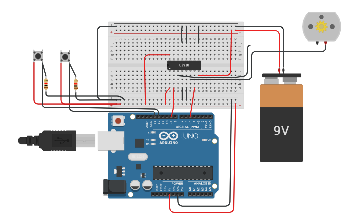 Circuit design Pont en H 2 sens avec 2 bouttons - Tinkercad