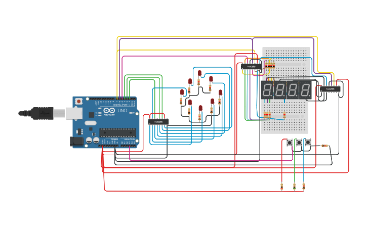 Circuit design Círculo de Leds + 4 Displays 7s - Tinkercad