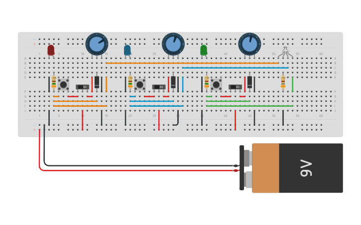Circuit design 3Ainfo Matteo Morra Accensione 3 led con RGB e potenziometro | Tinkercad