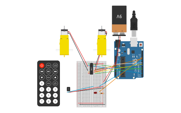 Circuit design L293D Motor Driver + IRremote - Tinkercad