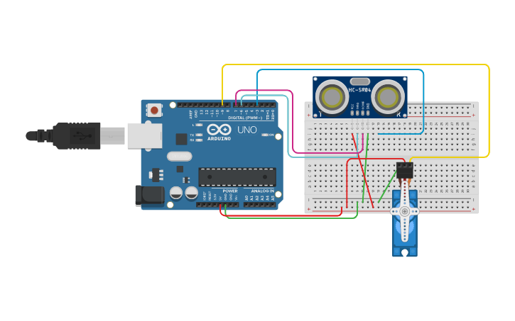 Circuit design Kontrol Servo dengan Sensor Ultrasonik - Tinkercad