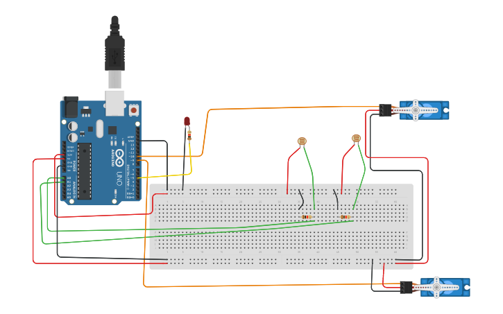 Circuit design PBS (two servos & two photoresistors) | Tinkercad