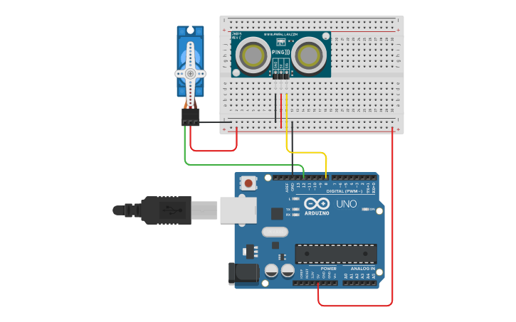 Circuit design SENSOR DE DISTANCIA Y SERVO MOTOR | Tinkercad