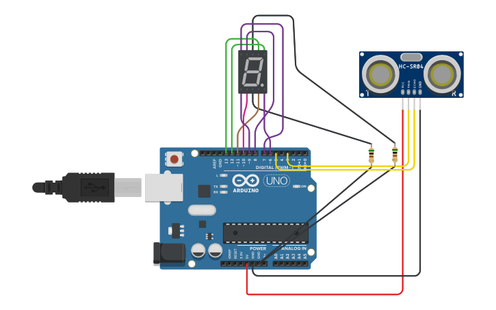 Circuit design Ultrasonic 7 Segment - Tinkercad