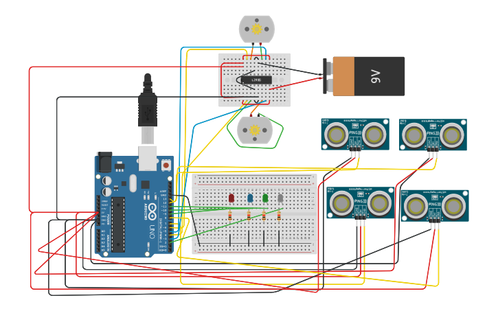 Circuit design Copy of ultrasonic sensor with dc motor - Tinkercad