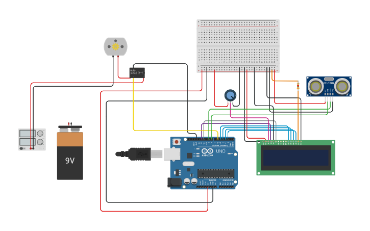 Circuit design Water level sensor and Automatic pump control - Tinkercad