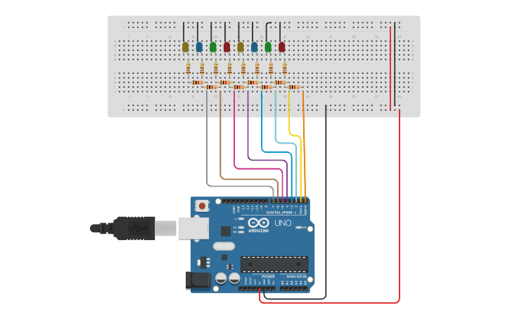 Circuit design Secuencias de leds con puerto D como salidas | Tinkercad