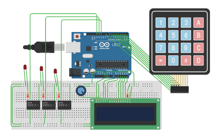Circuit design teclado-LCD-RELÉ | Tinkercad