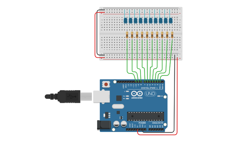 Circuit design 10 BLINKING LEDs -EMI - Tinkercad