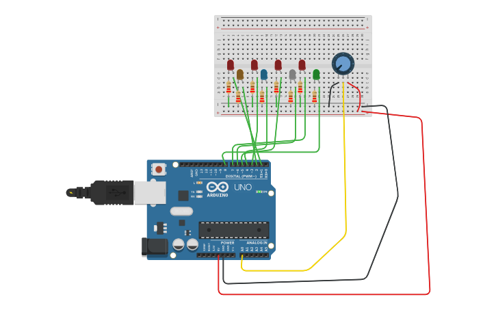 Circuit design potentiometer 8 led - Tinkercad