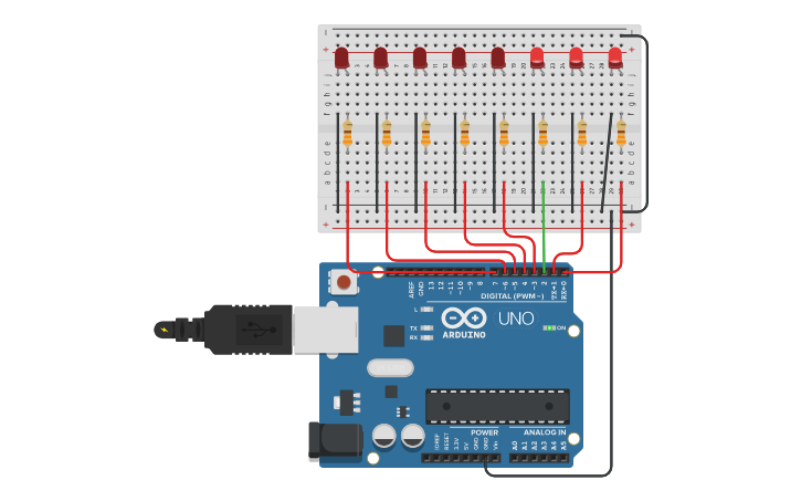 Circuit design Binary LED with PORTD | Tinkercad