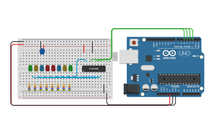 Circuit design Shift Register 74HC595 with Arduino - Tinkercad
