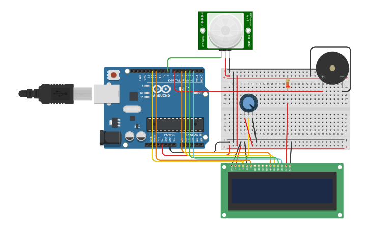 Circuit design PIR + LCD + Buzzer - Tinkercad