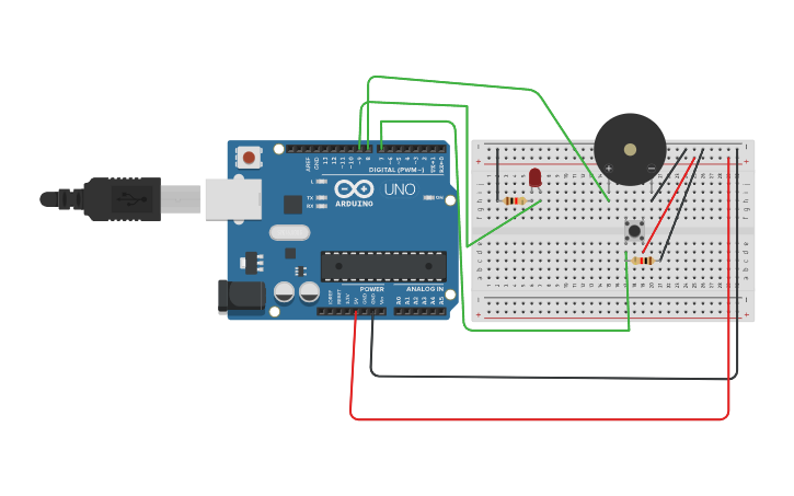 Circuit design Buzzer with Push button and LED - Tinkercad