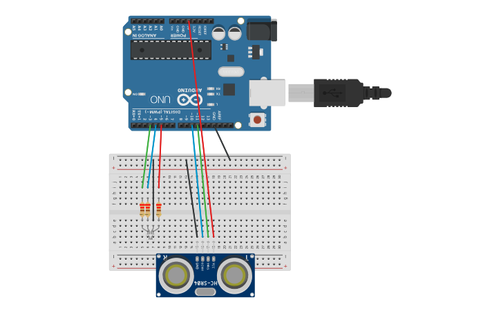 Circuit design Projeto 16 - Sensor ultrassônico e LED RGB e Saída ...