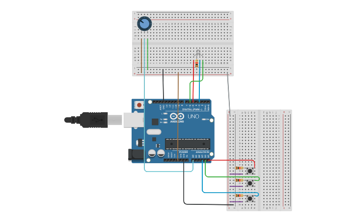 Circuit design RGB with buttons | Tinkercad