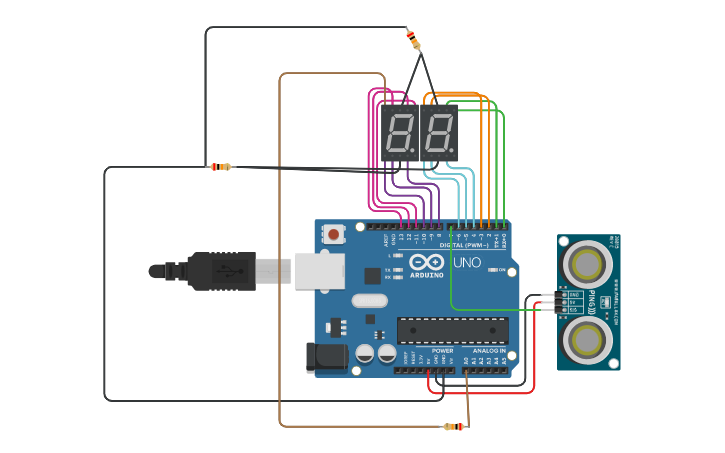 Circuit design Ultrasonic Sensor With 7-segment - Tinkercad