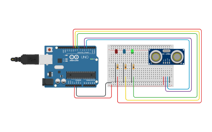 Circuit design sensor de distância - Tinkercad