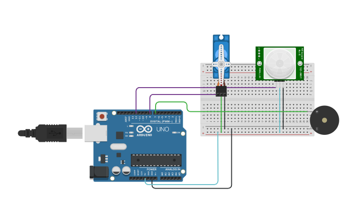 Circuit design security sensor using servometer, buzzer and pir sensor ...