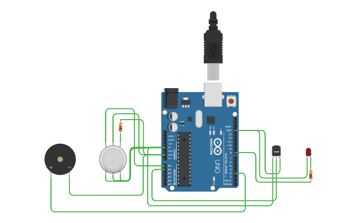 Circuit design Sensor gas dan suhu - Tinkercad
